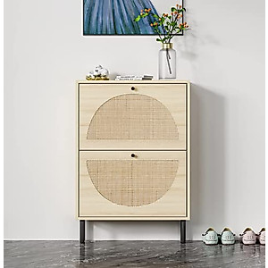 Angel Sar Rattan Shoe Cabinet with 2 Flip Drawers, Narrow Wood Shoe Storage Cabinet, Organizer for Entryway, Hallway, Bedroom, Apartment(Up to Women’s 9.5, Men’s 8.)