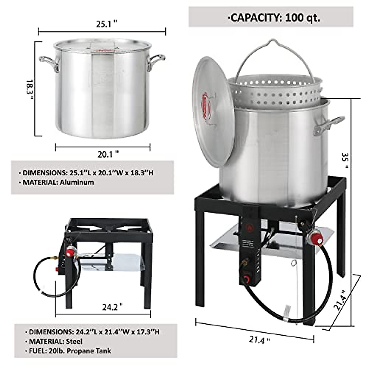 FEASTO 100QT Aluminum Boil Kit with Basket Perfect for Seafood Boiling and Steaming, Outdoor Propane Gas Cooker with Adjustable 0-10 PSI Regulator, Non-Assembly Frame Stand
