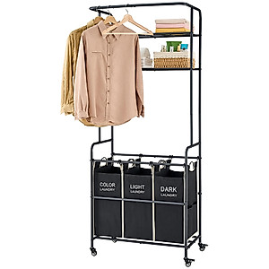 Gewudraw Laundry Sorter Cart with Hanging Rack, 3 Section Laundry Hamper Basket Butler Cart with 2 Tier Shelf, Rolling Lockable Wheels
