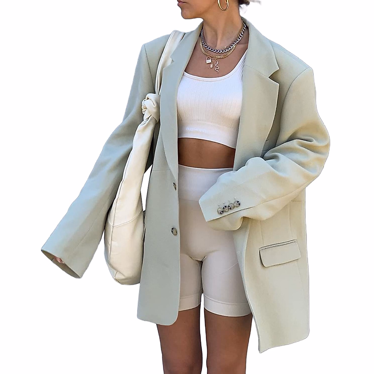 Grlasen Women Casual Elegant Long Sleeve Oversized Lapel Blazers Open Front Solid Work Office Jacket Blazer Light Green