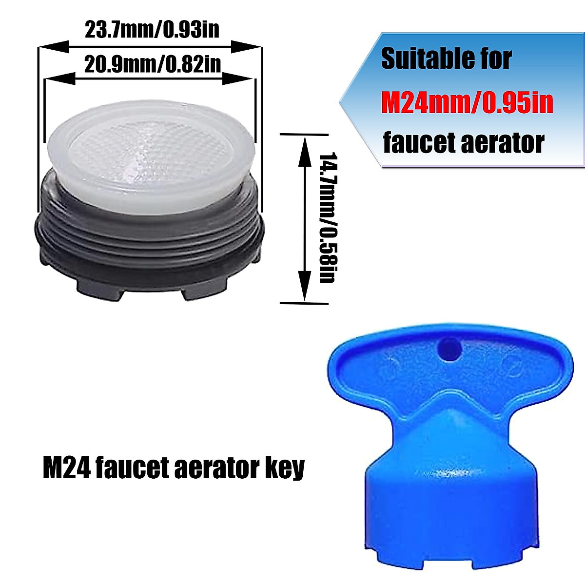 BOETOADG 4PCS Cache Aerator M24, Plug-In Faucet Restrictor Replacement Parts for Kitchen Cache Bathroom Sink Aerator with Key Removal Wrench Tool, 2.2GPM, 24mm/0.95inch