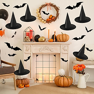 JMUQ 6 PCS Black Halloween Witch Hats with 3D Bats Stickers, Hanging Witch Hats for Halloween Indoor Outdoor Yard Decor Party Decorations Wizard Hats