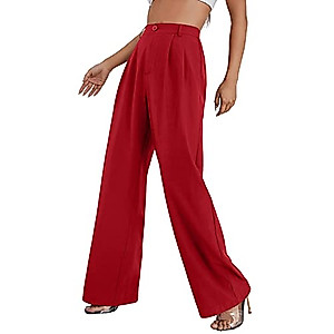 SweatyRocks Women's Casual Wide Leg High Waisted Botton Down Straight Long Trousers Pants Red L