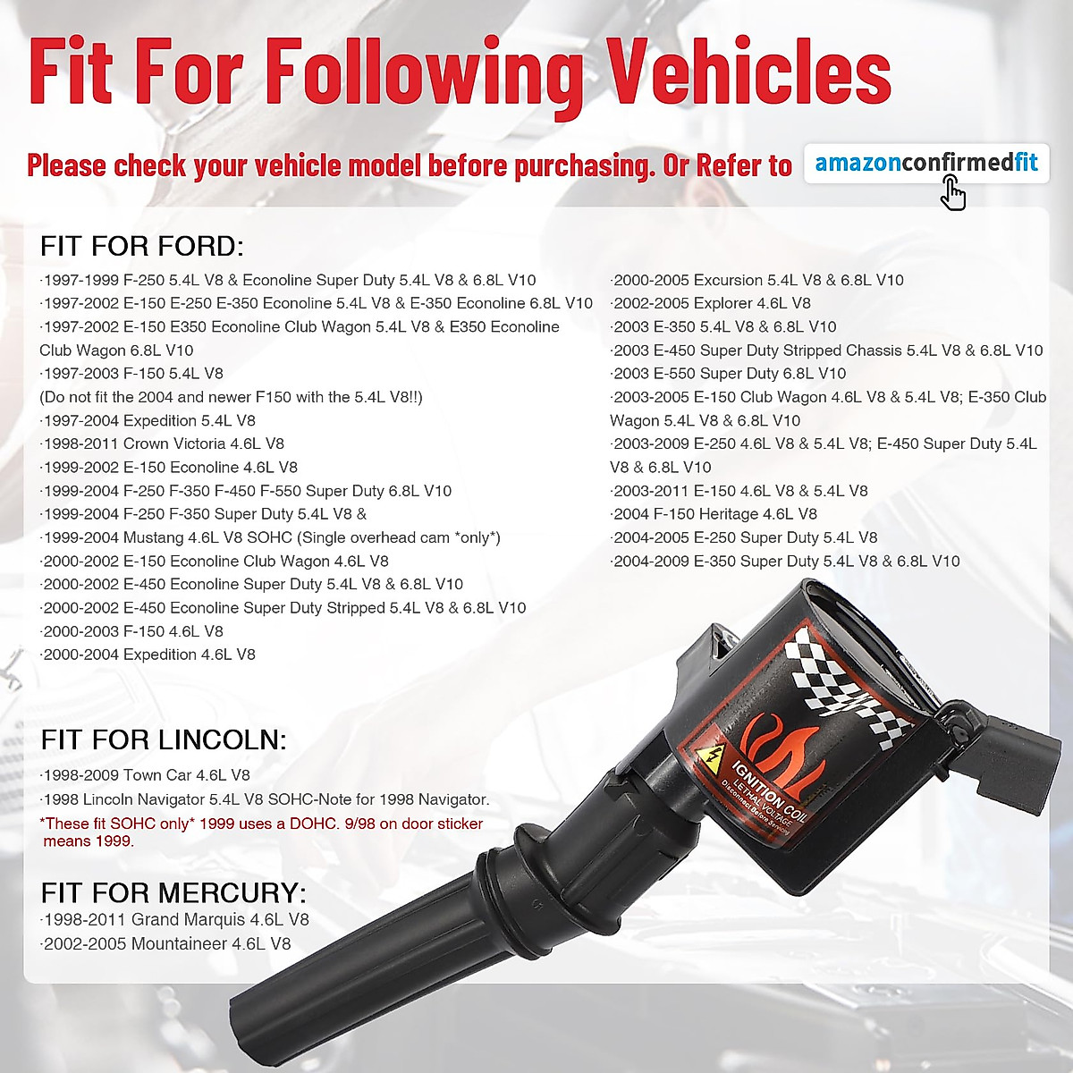 CarBole High Performance Coil Pack For F150 F250 F350 5.4L 4.6L V8 DG508, Ignition Coil For 1997-2014 Ford Crown Victoria E150 E250 Expedition Mustang Lincoln (Pack of 8pcs)