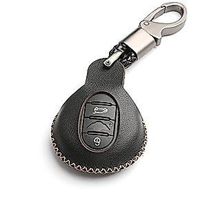 WFMJ Leather for Mini Cooper 2015-2020 Mini Cooper Clubman 2015-2020 Remote 3 4 Buttons Key Case Holder Cover Fob Skin Covers Chain (Black)