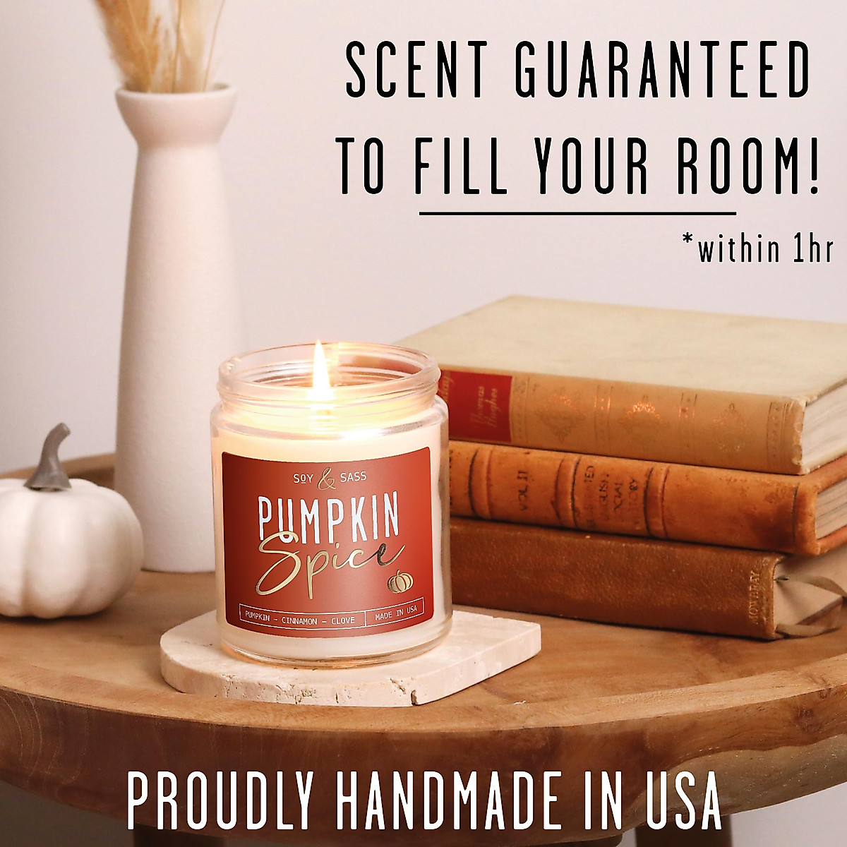 Pumpkin Spice Candle, Fall Candles - 'Pumpkin Spice' Pumpkin Candle, Autumn Scented Soy Candles for Home, Fall Scented Candles for Home, Fall Home Décor, 9oz Reusable Jar, 50Hr Burn, Made in USA