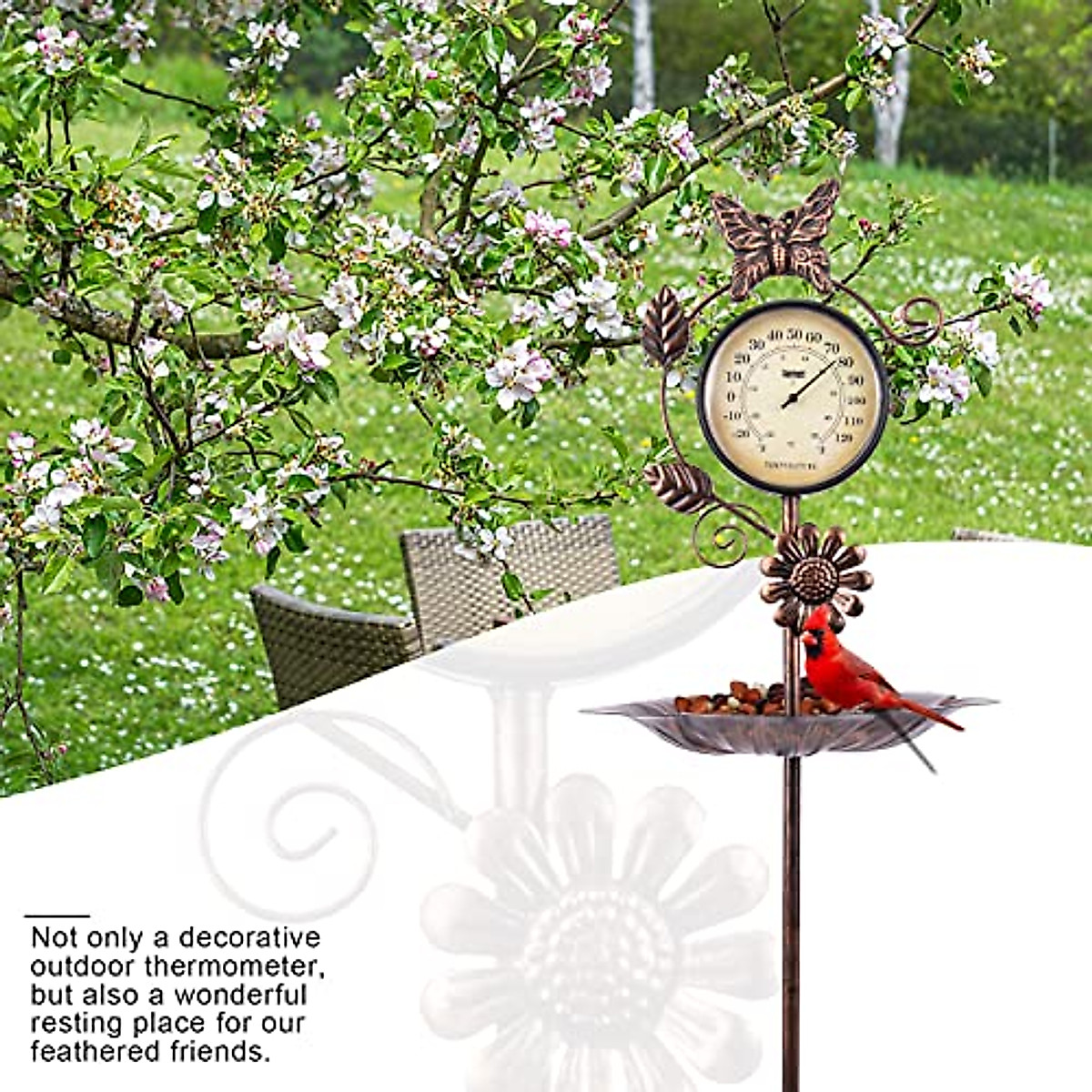 Outdoor Thermometer Decorative Butterfly Garden Stakes with Metal Bird Feeder for Lawn Yard Patio Decorations