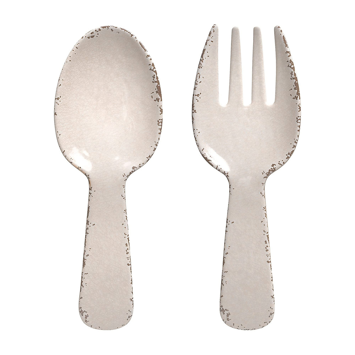 UPware 2-Piece 10.75 Inch Melamine Salad Server Serving Utensil Set Includes Salad Spoon and Salad Fork (Crackle, Cream)