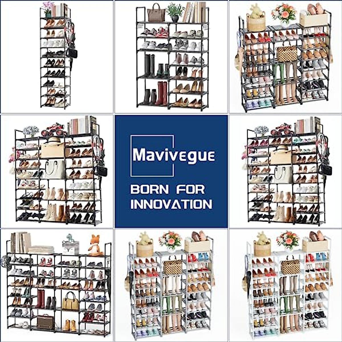 Mavivegue Metal Shoe Rack Organizer，8 Tiers Tall Shoe Shelf Storage，40-45 Pairs Vertical Large Boot Rack,Stackable Shoe Racks for Entryway, Closet, Garage, Bedroom,Cloakroom -Black