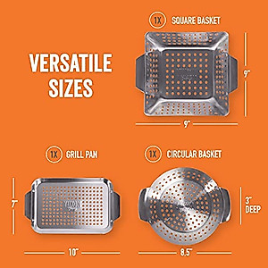 Yukon Glory Grill Basket 3-Piece Mini Grilling Basket Set - Stainless Steel Perforated Grill Baskets for Grilling Veggies Seafood and Meats Includes Grill Pan - Square Basket and Circular Basket