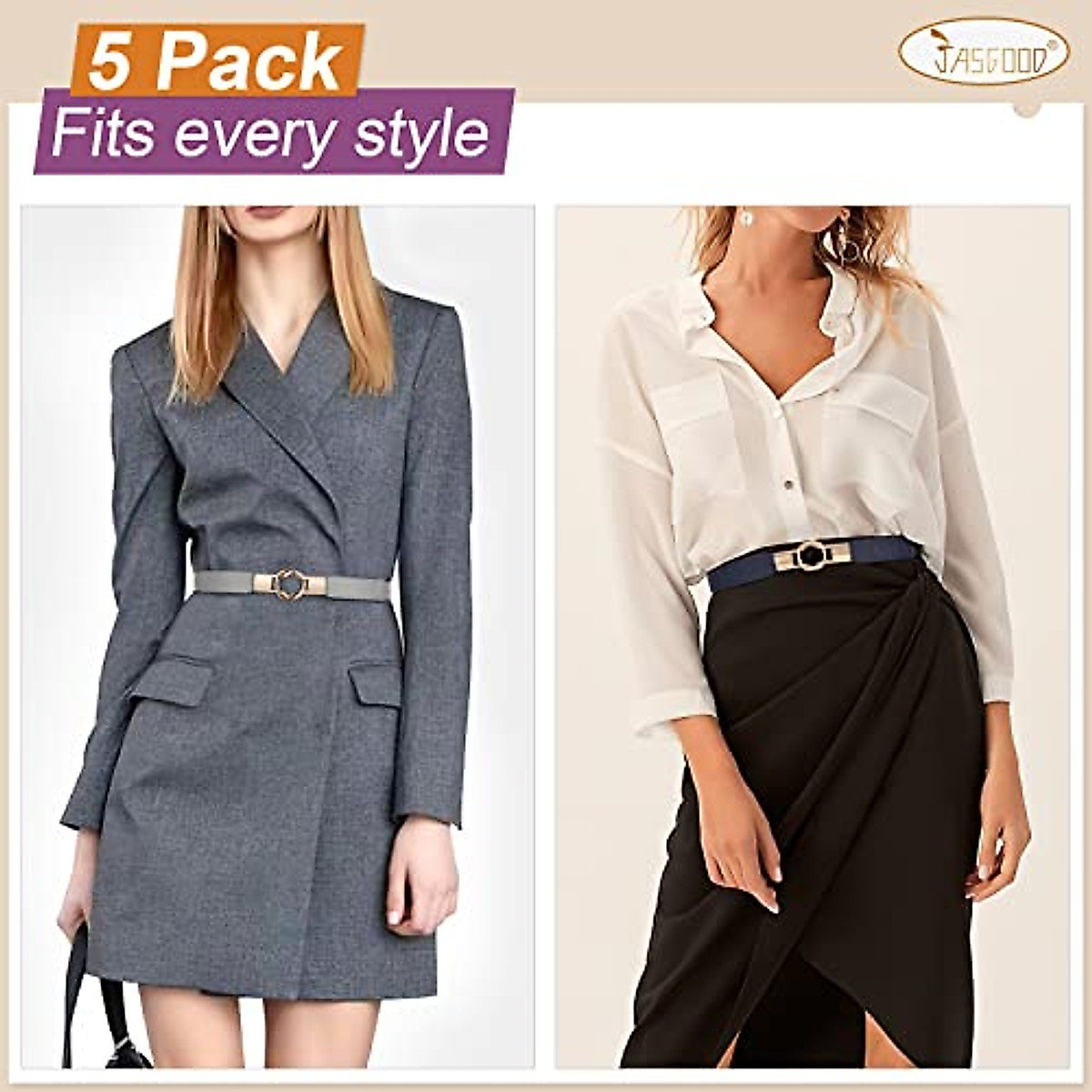 JASGOOD 5 Pack Women Retro Elastic Stretchy Skinny Waist Belt with Metal Gold Buckle