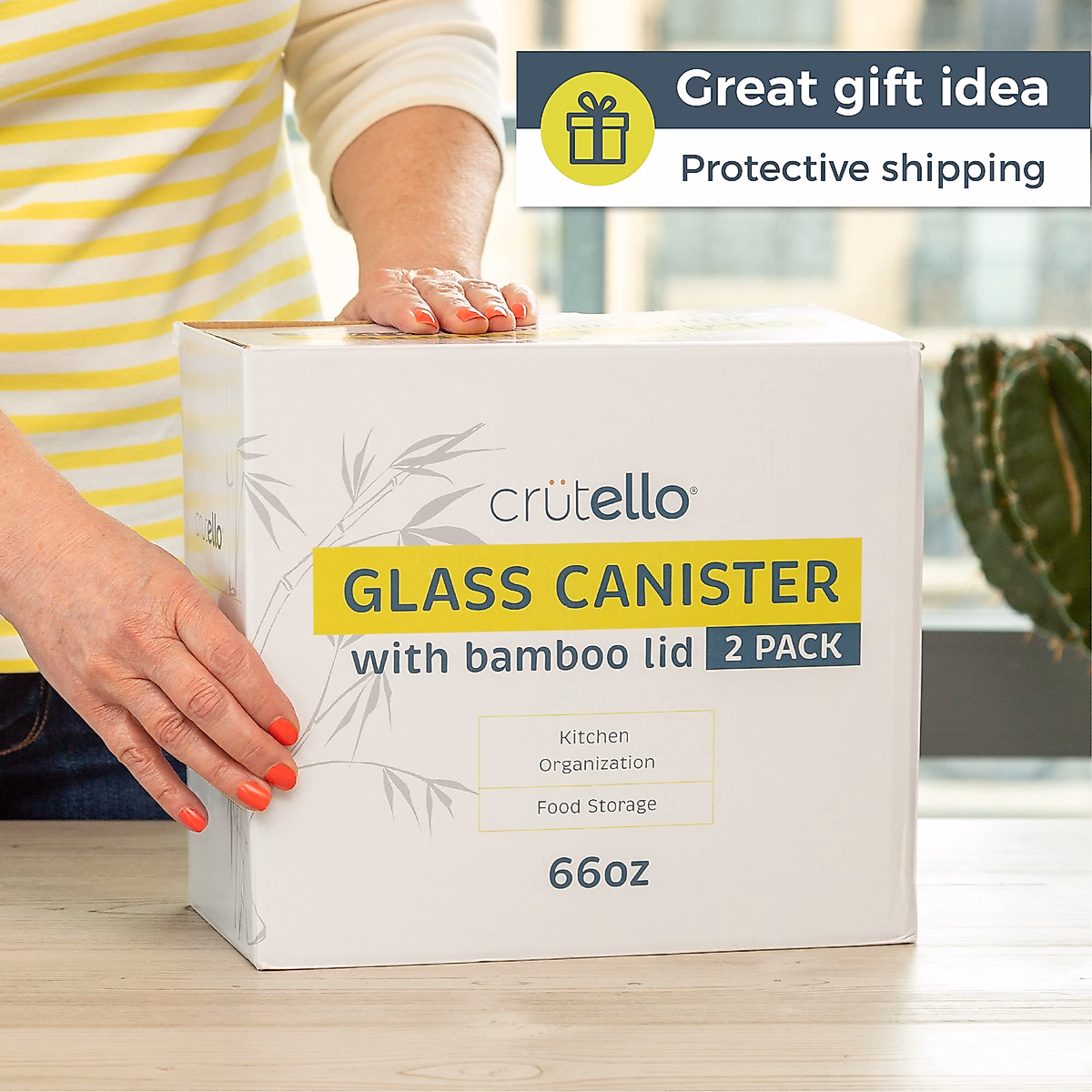 Glass Food Storage Containers with Bamboo Lids, 2 Pack - 66 oz Airtight Clear Kitchen Organization Canisters, Glass Storage Jar With Bamboo Lid