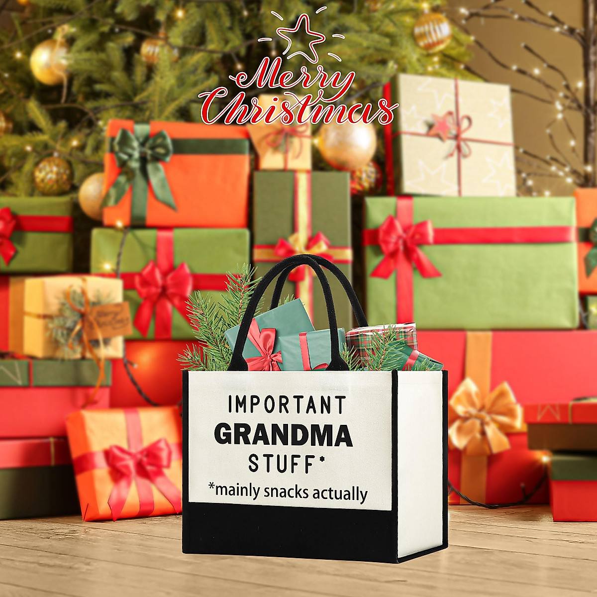 BackURyear Grandma Xmas Tote Bag Gifts, Important Stuff Tote Gifts for Grandma Christmas Stocking Stuffer Holidays Birthday from Grandkids Granddaughter, Cute Gifts Shopping Bag Grocery Bag