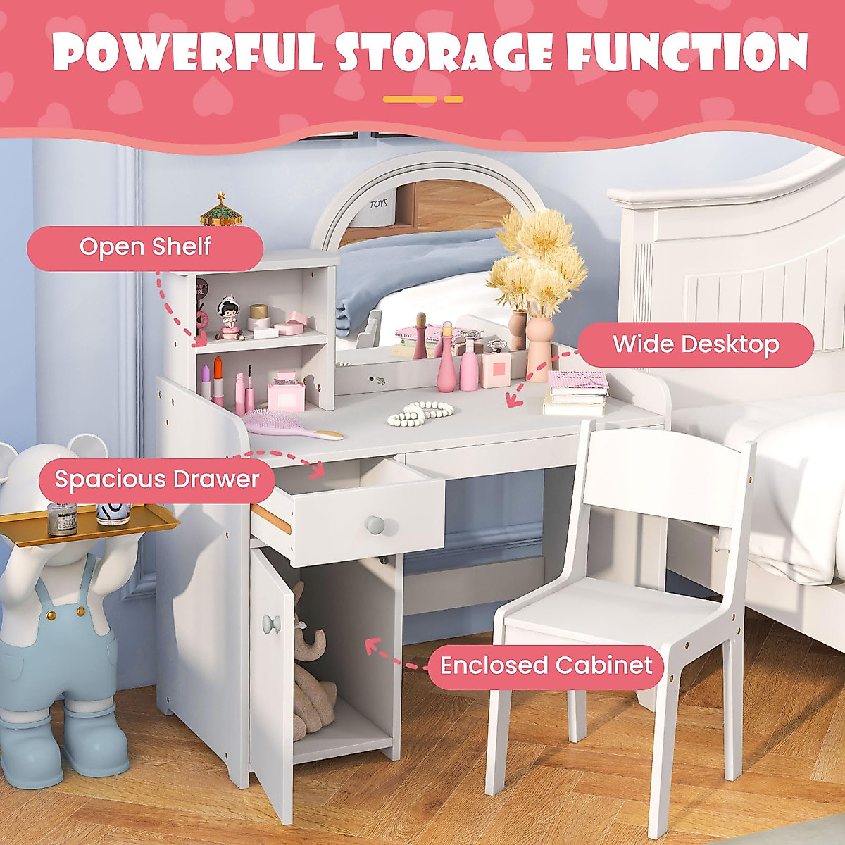 INFANS Kids Vanity, Princess Makeup Desk and Chair Set with Lights Mirror Drawer Storage Shelves, Wooden Dressing Table, Pretend Play Vanity Set for Toddler Girls