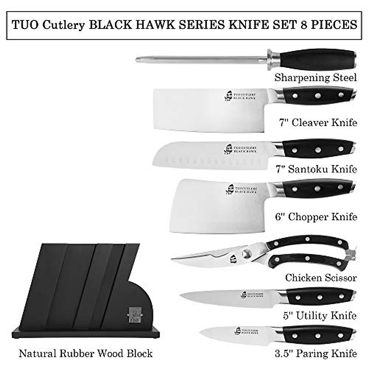 TUO Knife Set - 8 Pcs Kitchen Knife Set with Wooden Block - German HC Stainless Steel Chef Knife Set - Ergonomic Pakkawood Handle - BLACK HAWK SERIES with Gift Box