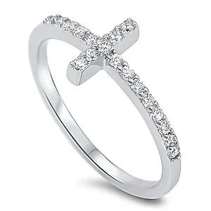 CloseoutWarehouse Cubic Zirconia Christian Sideway Cross Ring Sterling Silver Size 10
