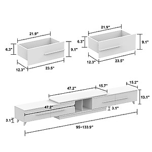 FAMAPY Modern TV Console Extendable Media Console, Adjustable Length, Contemporary Entertainment Center with Drawers and Legs, for Living Room White and Black (95”-133.9”W x 15.2”D x 13.1”H)