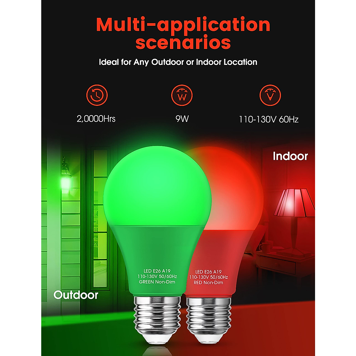 Red and Green Light Bulbs 【4 Pack 】, A19 LED Christmas Light Bulbs, 9W E26 Red Light Bulbs Green Light Bulbs 720LM Red Bulbs Green Bulb Outdoor for Halloween Christmas Lighting, Porch, Non-Dimmable