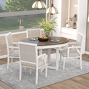 YuiHome Set 5-Piece Wooden Two-Size Round to Oval Extendable Butterfly Leaf Wood Table and 4 Upholstered Dining Chairs with Armrests for Kitchen, Dinning Room,Brown+White