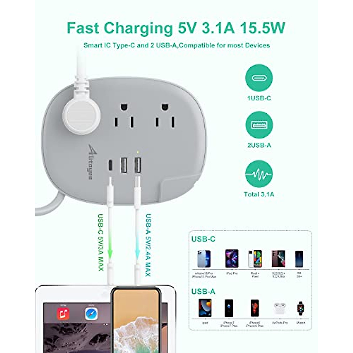 USB C Travel Power Strip,Alitayee Portable Power Strips with 3 Outlets 3 USB Ports Fast Charge, USB Extension Cord with Flat Plug and 3ft Wrapped Around Extension Cord for Cruise Travel Home Office