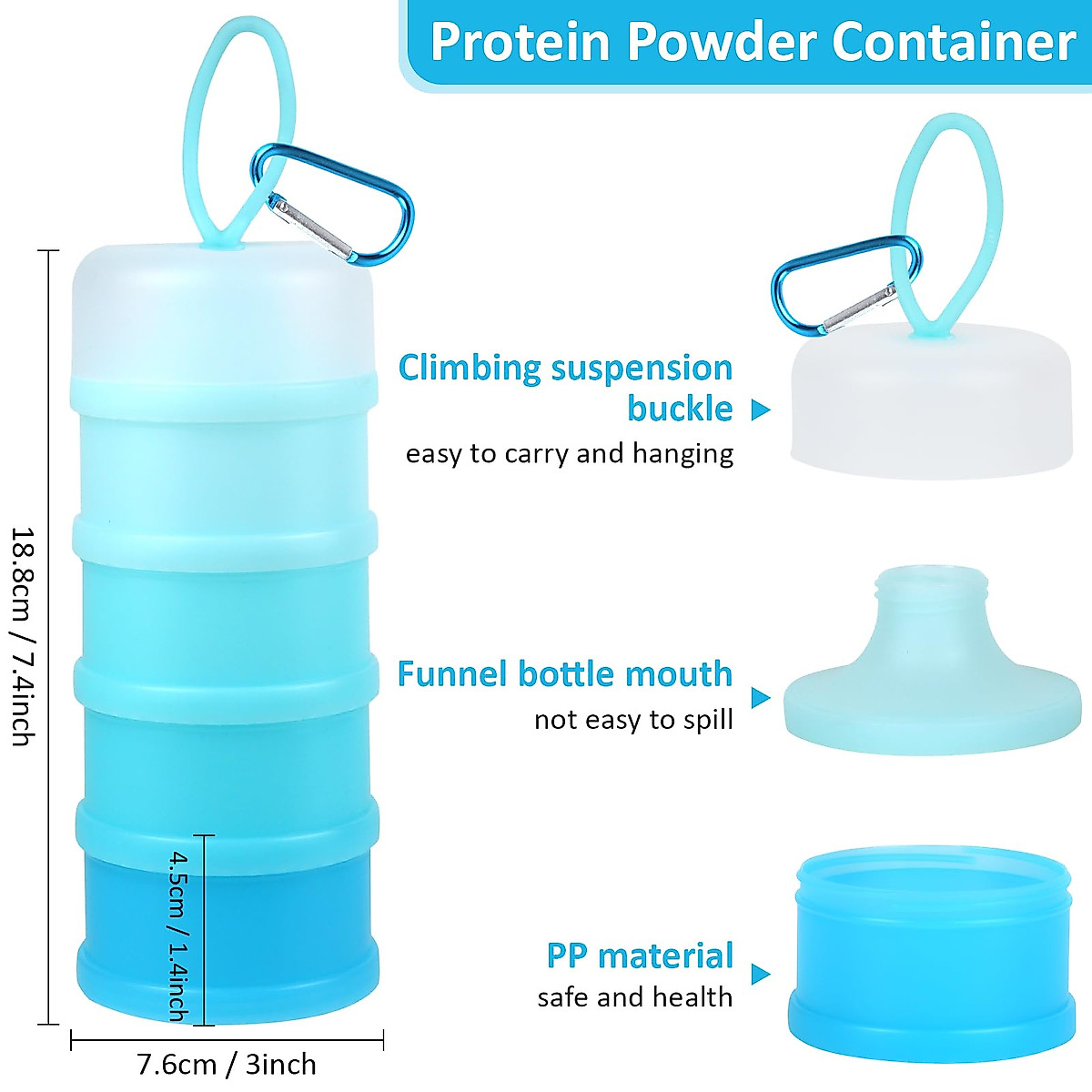 Boocalny 4 Pack Protein Powder Container, Formula Dispenser On The Go, 4 Stackable Protein Powder Dispenser with Funnels, Portable Keychain Protein Powder Container for Fitness Travel (Blue)