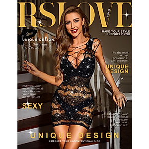 RSLOVE Lingerie for Women Lace Babydoll Chemise Sparkle Rhinestone Boudoir Outfits Fishnet Teddy Dress Black