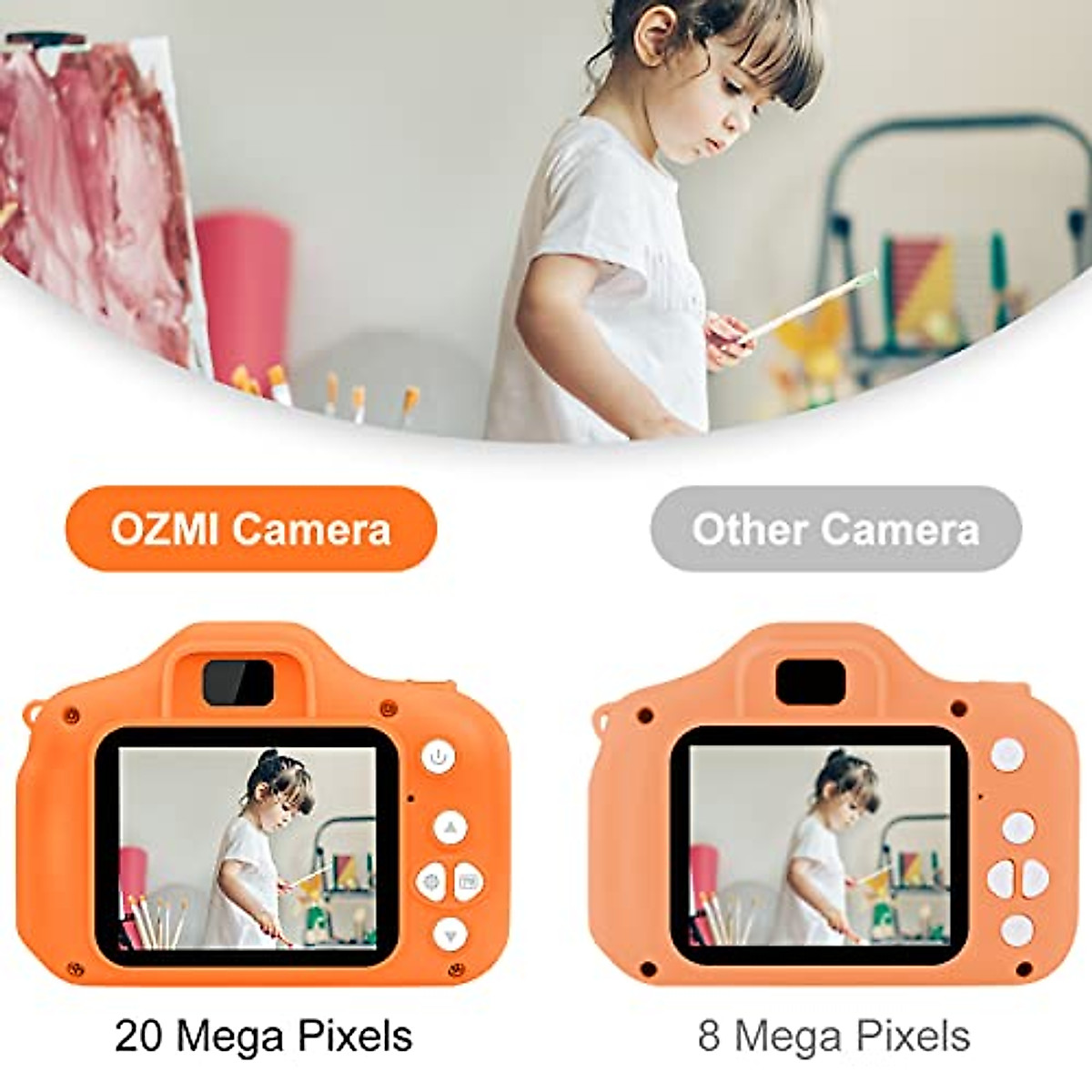 OZMI Digital Mini Camera for Kids, Christmas Birthday Gift for Kids Age 3-12, Selfie Camera for Toddler Boys Girls, Children Toy Camera for 3 4 5 6 7 8 9 Year Old Girls with 32GB Card - Orange