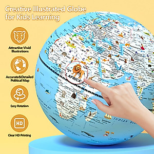 JOWHOL 8'' Illuminated Globe for Children with 100s Interesting Animal Illustrations - Built-in LED Night Light, World Globe for Kids Learning and Educational Toys Gifts for Boys & Girls, Ages 4+