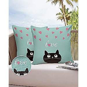 Outdoor Waterproof Pillow Covers for Patio Furniture Lovely Cat and Heart Decorative Throw Pillow Cover Cartoon Heart Design Pattern Pillowcases Set of 2 Cushion Case for Sofa Couch Chair 16x16 in