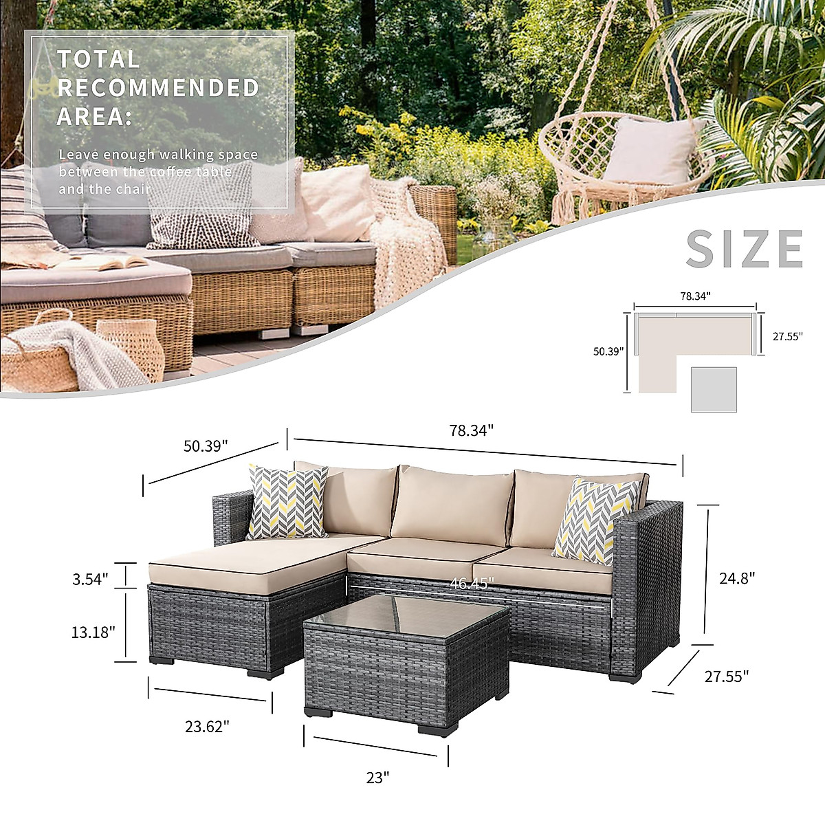 JAMFLY Outdoor Patio Furniture Sets, All-Weather Rattan Outdoor Sectional Sofa with Tea Table and Cushions Upgrade Wicker Patio sectional Sets 3-Piece (Khaki)