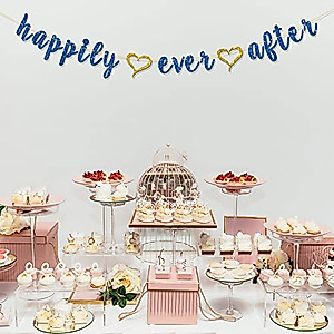 RoadSea Happily Ever After Banner - Bachelorette Party Garland Supplies - Engagement - Wedding Party Decorations - Blue Glitter