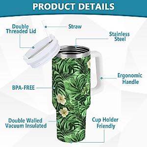 Slewiaeky Tumbler with Handle 40 oz Plant Palm Leaf Vintage Travel Mug with Lid and Straw Hibiscus Stainless Steel Vacuum Insulated Water Bottle Cup for Iced Tea Coffee Cold Beverages Cup Holder Frie