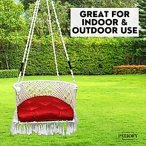Swing/ Swing for Balcony/ Swing for Adults/ Swing Chair for Adults for Home/ Premium C Shape Swing with Macrame Floral Design/ Hanging Jhula for Adults/ Zula/ Red Cushion & Hanging Kit Included-White