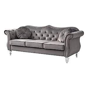 Pemberly Row17 Transitional Velvet Tufted Sofa with 2 Pillows in Dark Gray