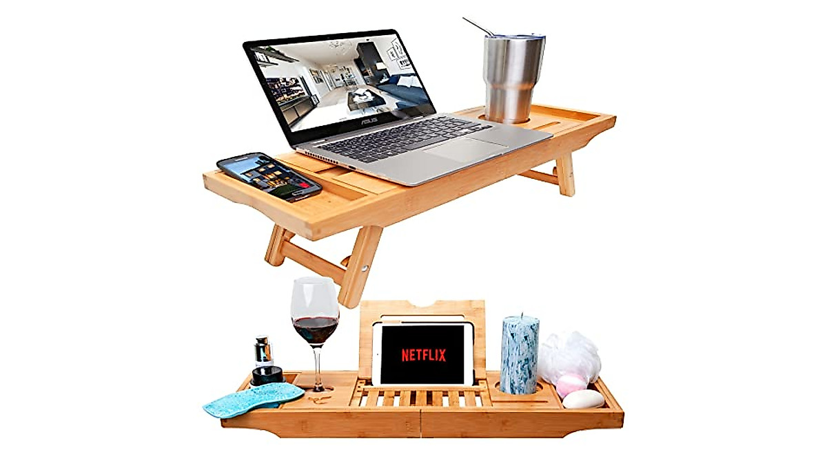 Bamboo Bathtub Caddy & Bed Laptop Desk with Adjustable Legs
