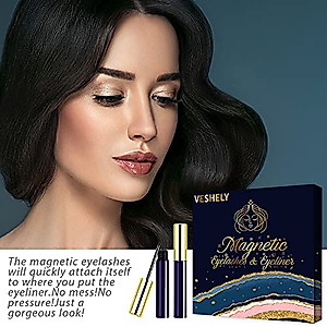 VESHELY Natural Magnetic Eyelashes with Eyeliner Kit,5 Pairs Short Small Magnetic Eyelashes Natural Look and 2 Tubes Magnetic Eyeliner Waterproof,3D False Fake Lashes Magnetic Reusable-No Glue Needed
