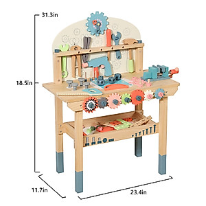 Wooden Power Tool Workbench for Kids, Building Tools Sets Pretend Play Toys - Construction Workbench with Wrench, Screwdriver, Miter Saw and Hammer - Educational Gift for Toddlers Age 3 and Up