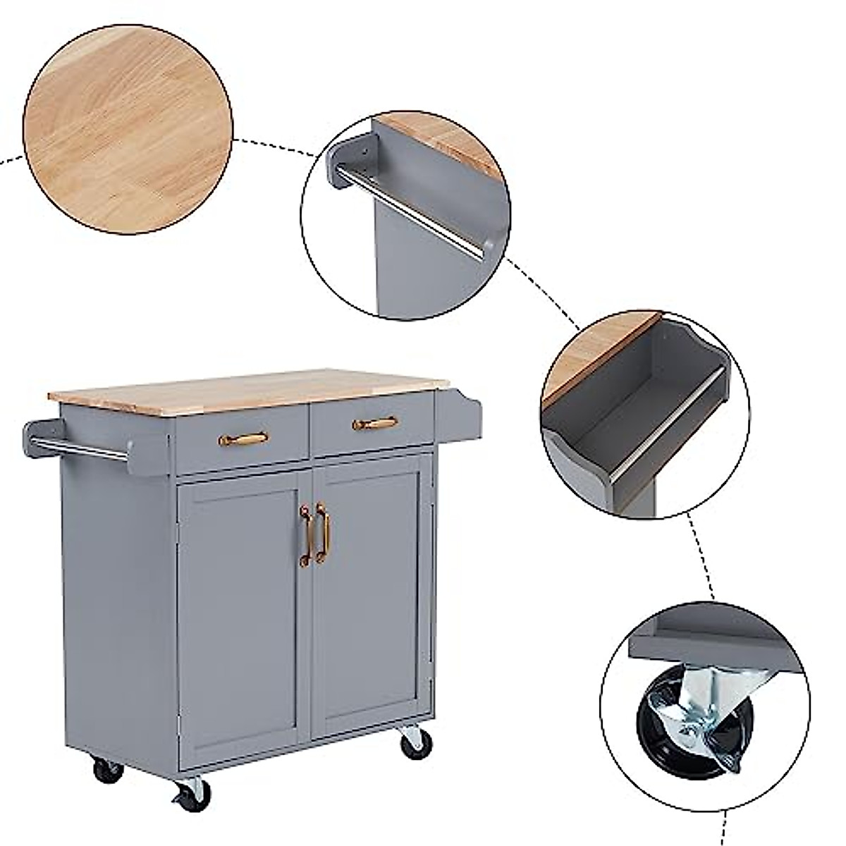 APDYNE Two Door Two Roll Out Kitchen Cart and Storage Cabinet, Rubber Wood Gray Paint Dining Car 99.5 * 40 * 85.5cm, Towel Rack, Adjustable Rack, and Lockable Wheels