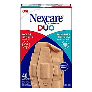 Nexcare Duo Bandages, Painless Removal, Strong Adhesive Bandages Stay on for 24 Hours, Flexible Fabric Construction - 40 Pack Assorted Adhesive Bandages