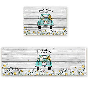 Daisy Sunflowers Absorbent Kitchen Rugs and Mats Blue Truck Sunflower Daisy Vintage Wood Grain Kitchen Floor Mats for in Front of Sink,Kitchen Area Rugs Non Skid Washable 15.7x23.6inch+15.7x47.2inch