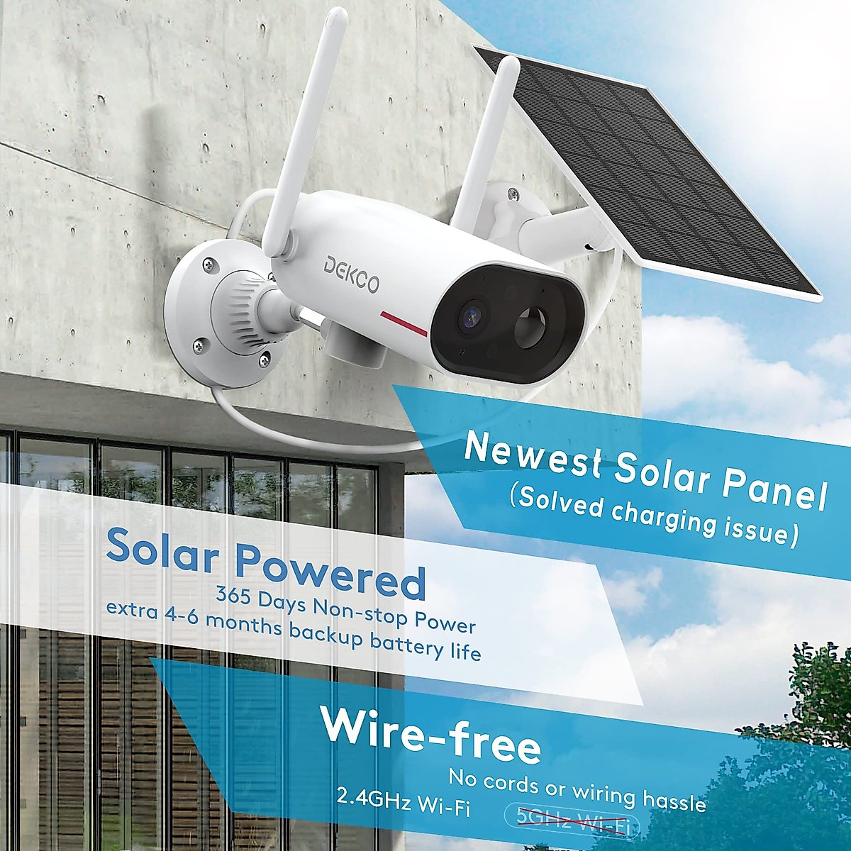 DEKCO Wireless Outdoor Security Camera for Home Security 260° View Range Solar Security Camera, Two-Way Audio, Simple Setup, Night Vision, Motion Detection WiFi Surveillance & Security Cameras