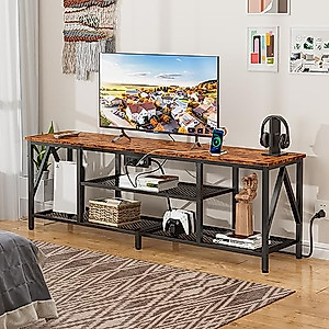 Furologee TV Stand with Power Outlets for 65 70 inch TV, Entertainment Center with Open Storage Shelves, Long 63'' TV Media Console Table with Soundbar Shelf for Living Room, Bedroom, Rustic Brown