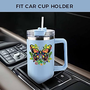LB LEOBON 40 ounce insulated cup with handle, double-layer vacuum stainless steel material, equipped with straw, can keep warm or maintain cold drinks Butterfly Flowers 2 wathet
