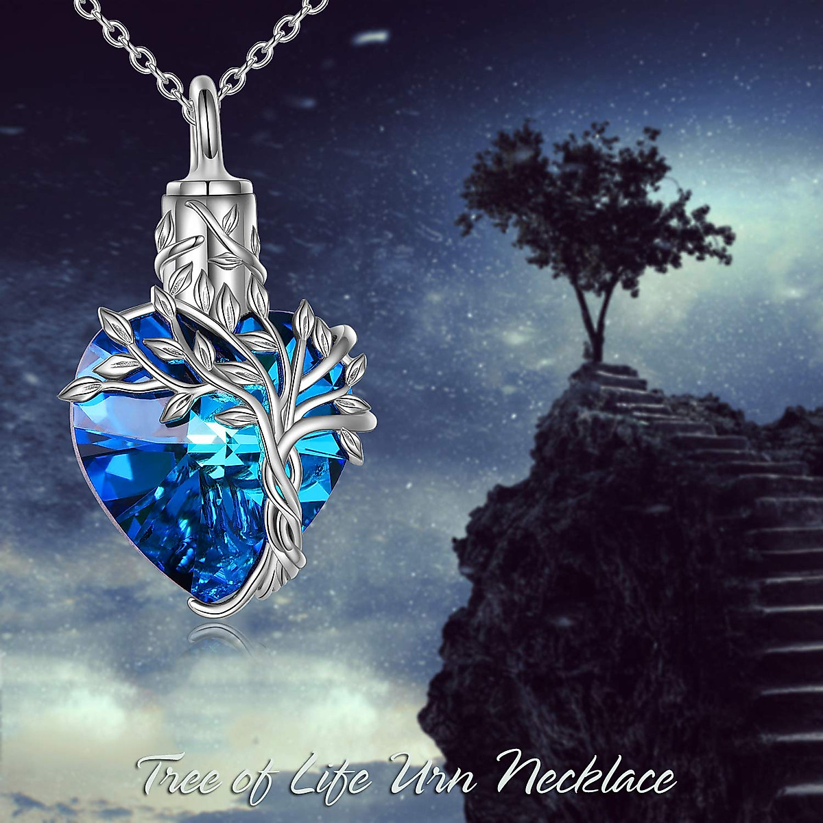 TOUPOP Heart Cremation Jewelry Sterling Silver with Blue Crystal Tree of Life Urn Necklace for Ashes w/Funnel Filler Jewelry Gifts for Women