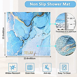 Square Shower Mat Non Slip, 24x24 inch, PVC Loofah Shower Floor Mat with Drain, Soft Comfort Bath Mat Massage Bathtub Mat for Shower, Bathroom, Quick Drying (24”x24”, Relax Waves)
