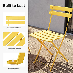 LAUSAINT HOME 3-Piece Steel Folding Bistro Set, Foldable Patio Furniture Set with Premium Frame, Outdoor Bistro Table and Chairs Set of 2 for Patio, Garden, Balcony and Poolside (Yellow)