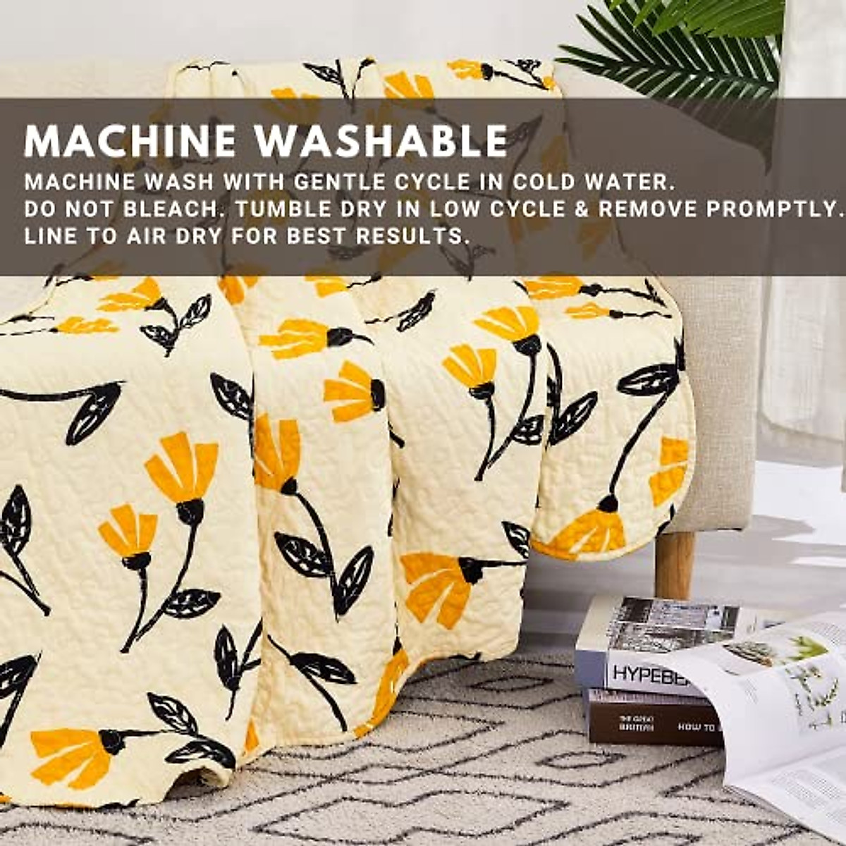 DaDa Bedding Botanical Floral Lap Quilt - Throw Blanket Quilted Yellow Fleur Golden Yellow Spring Time Tulips - Scalloped Edges Bright Vibrant Ivory Cream - 50 x 60