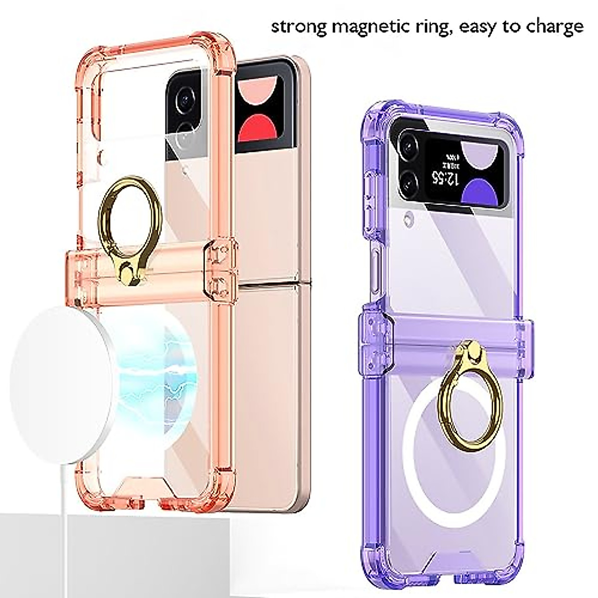 GO-VOLMON Clear Case for Galaxy Z Flip 5 with Magnet and Ring, Transparent Kickstand Case for Samsung Galaxy Z Flip 5 for Man and Woman, Shockproof Phone Case with Hinge Protector for Z Flip 5