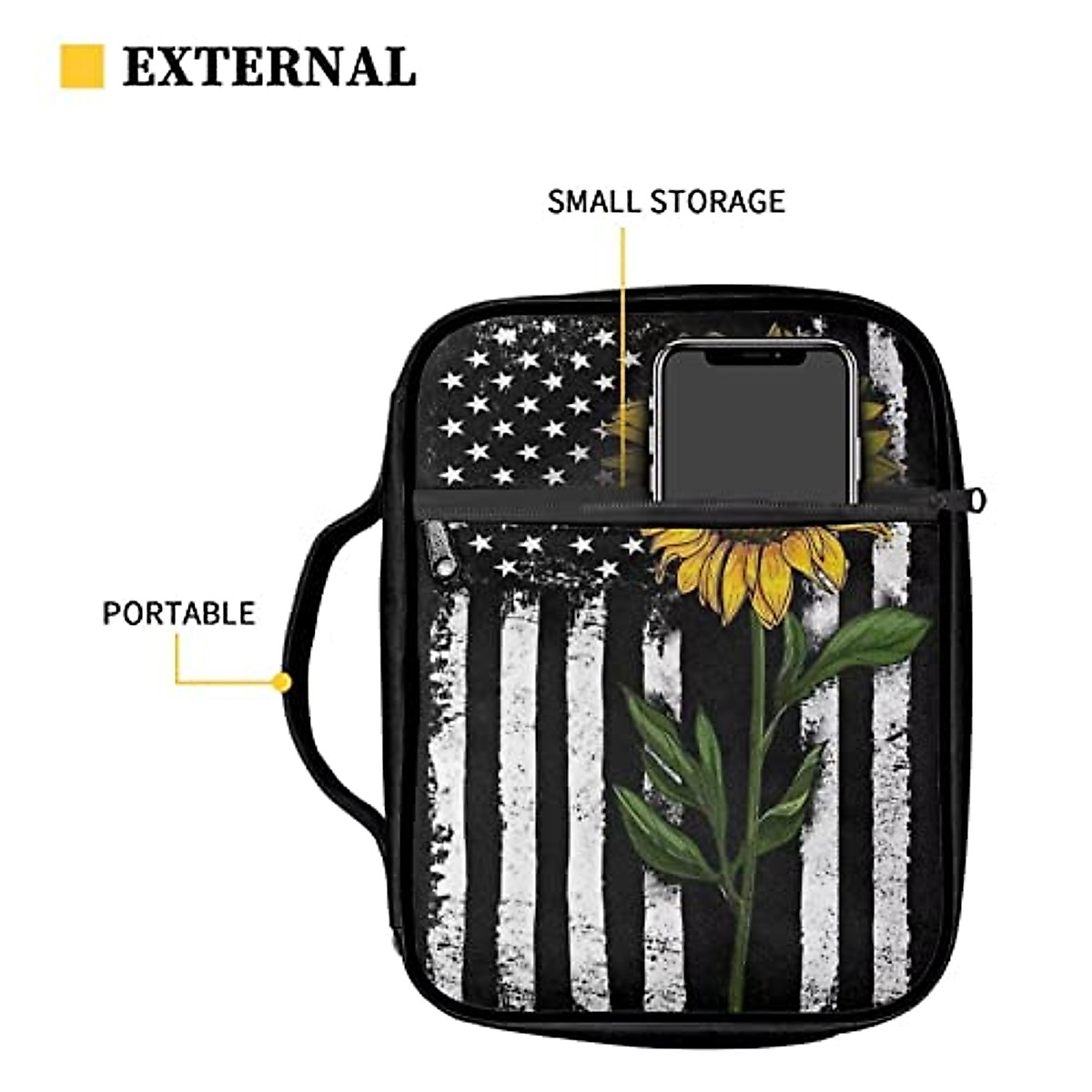 POLERO American Flag Sunflower Bible Cover for Women Bible Book Protective Carrying Case with Pocket USA Flag Bible Bag