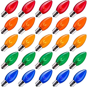 C9 Opaque Replacement Christmas Lights Bulbs Vintage Incandescent Red Green Blue White Orange Glass for Xmas String Lights Outdoor Indoor Holiday Decorations (E17 Base, 25 Count Multicolored)